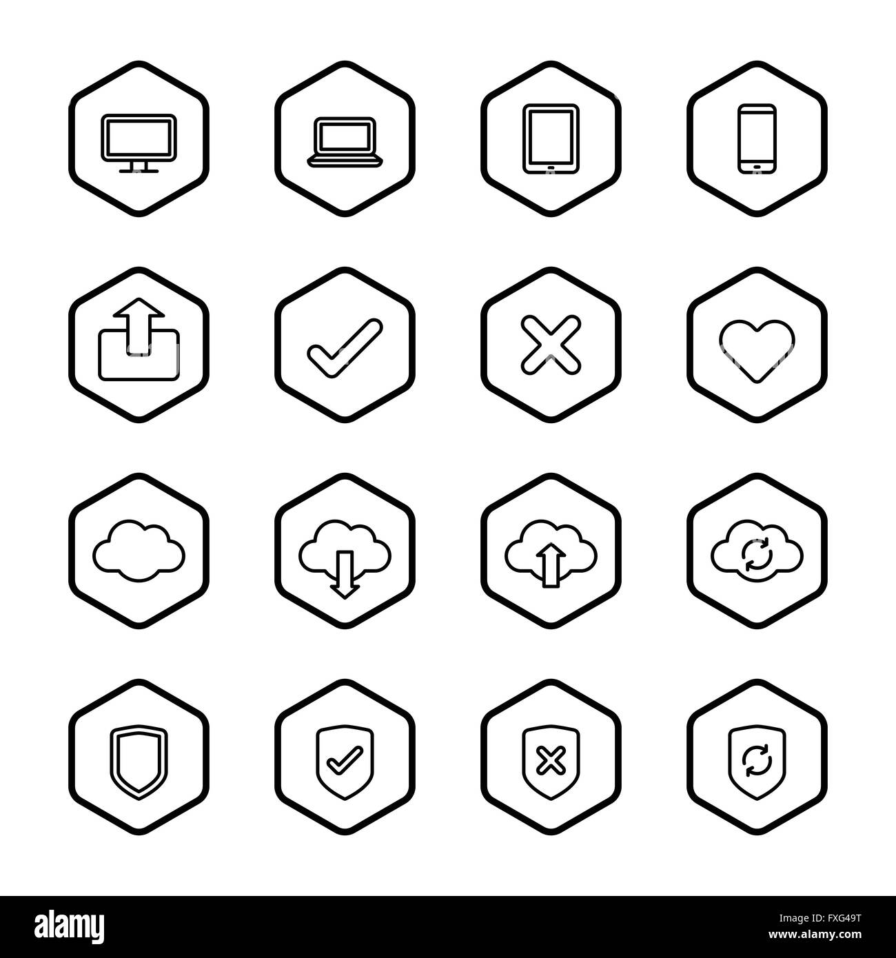 [EPS10] black line web icon set with hexagon frame for web, UI ...