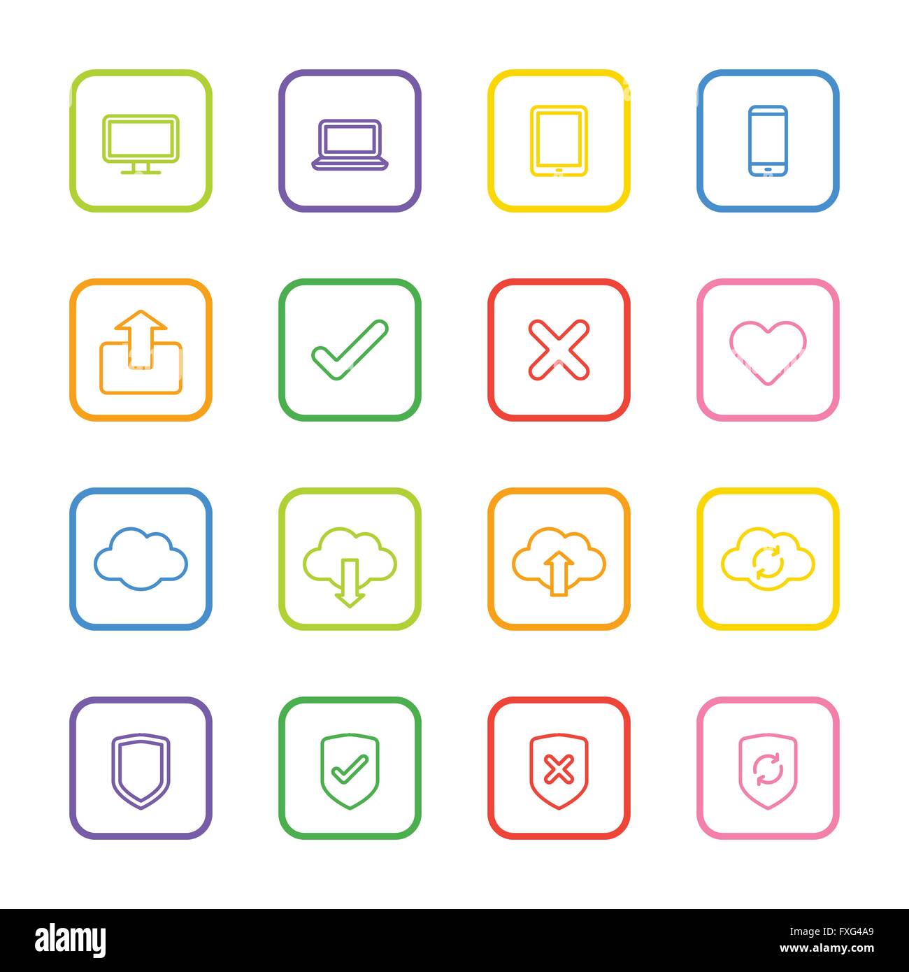 [EPS10] colorful line web icon set with rounded rectangle frame for web, UI, infographic and ...