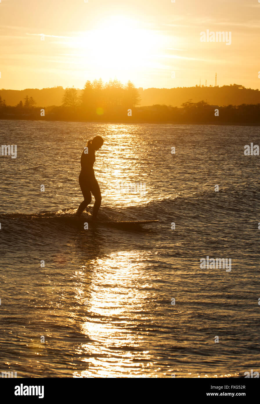 Woman surfing a small wave at sunset at Byron Bay's The Pass Stock ...