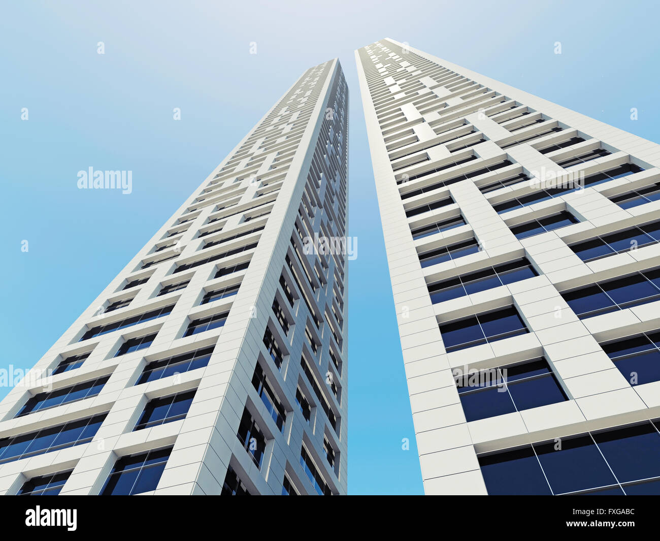 Abstract modern architecture. Two white office towers perspective on ...