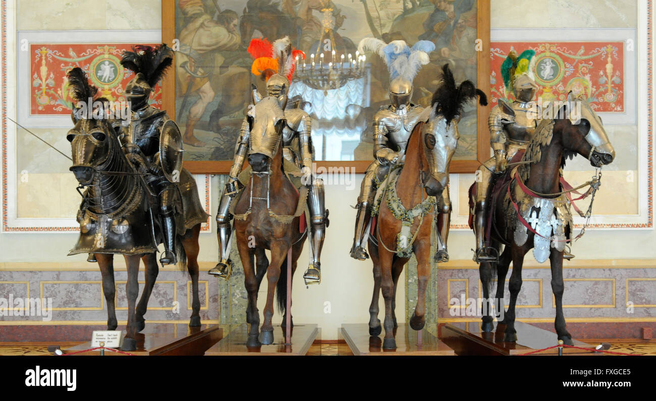 The State Hermitage Museum. The Knights' Hall. Knights in armor on ...