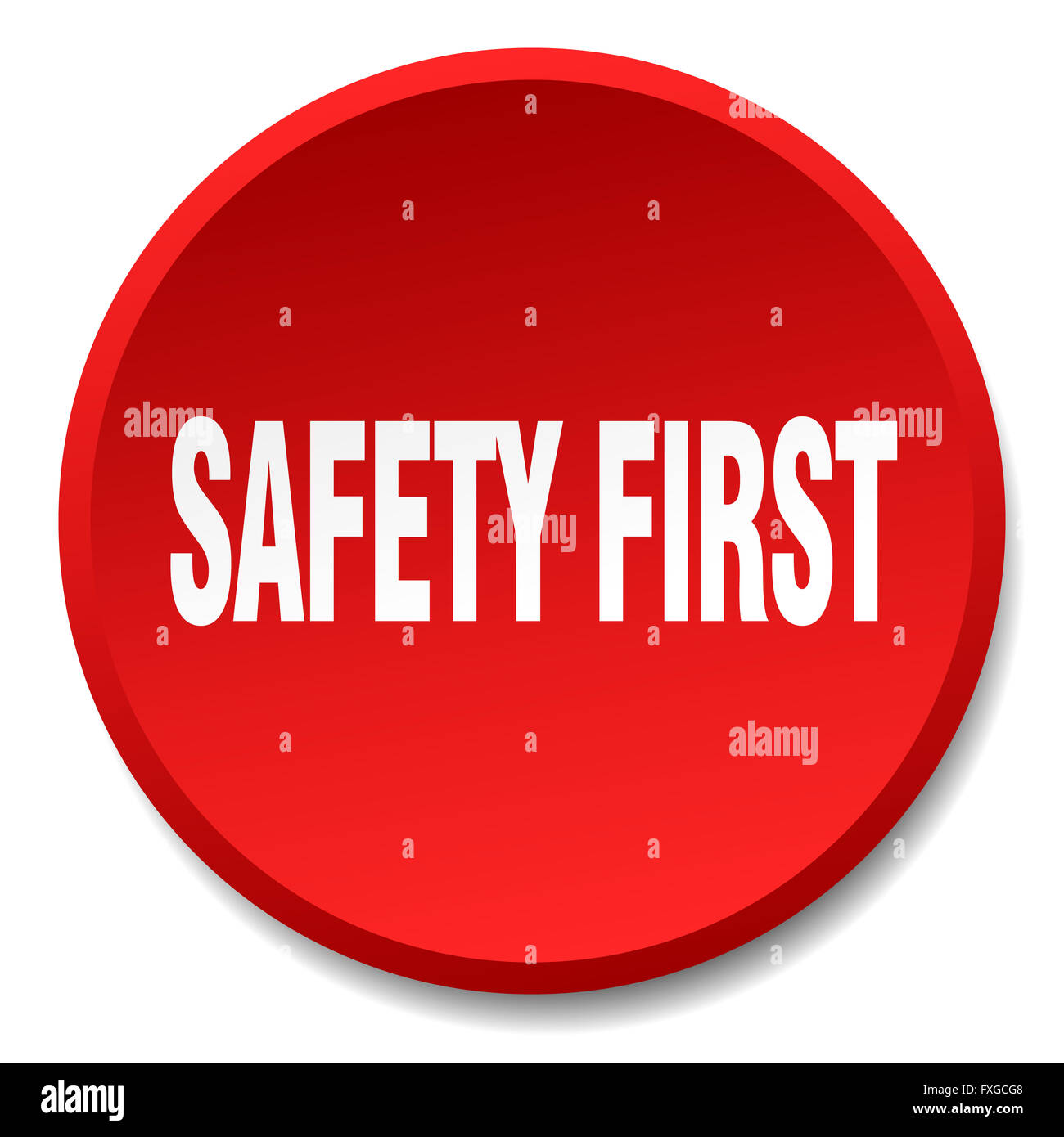 safety first red round flat isolated push button Stock Photo - Alamy