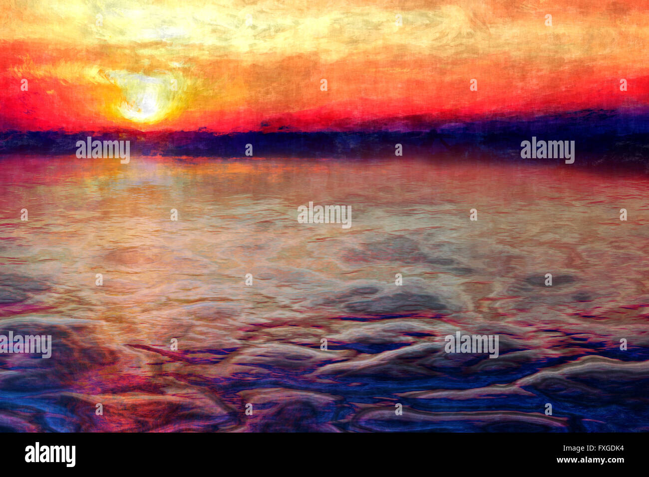 sunset abstract painting, burning sunset colors reflection on sea waves ...