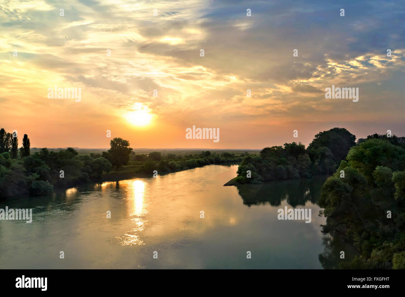 Summer dawn on the river wooded Stock Photo - Alamy