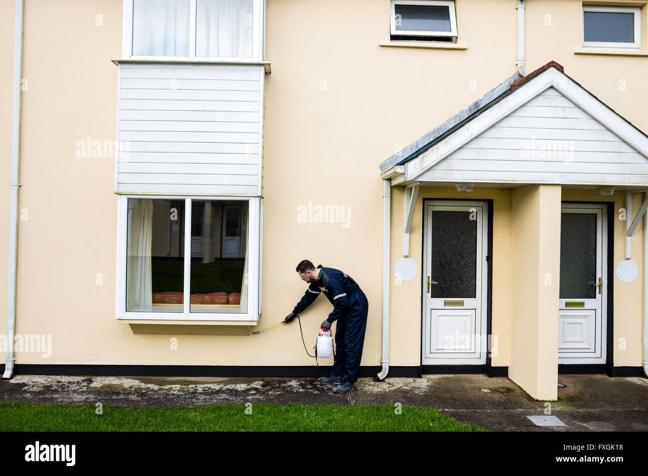 Pest control man spraying pesticide Stock Photo - Alamy