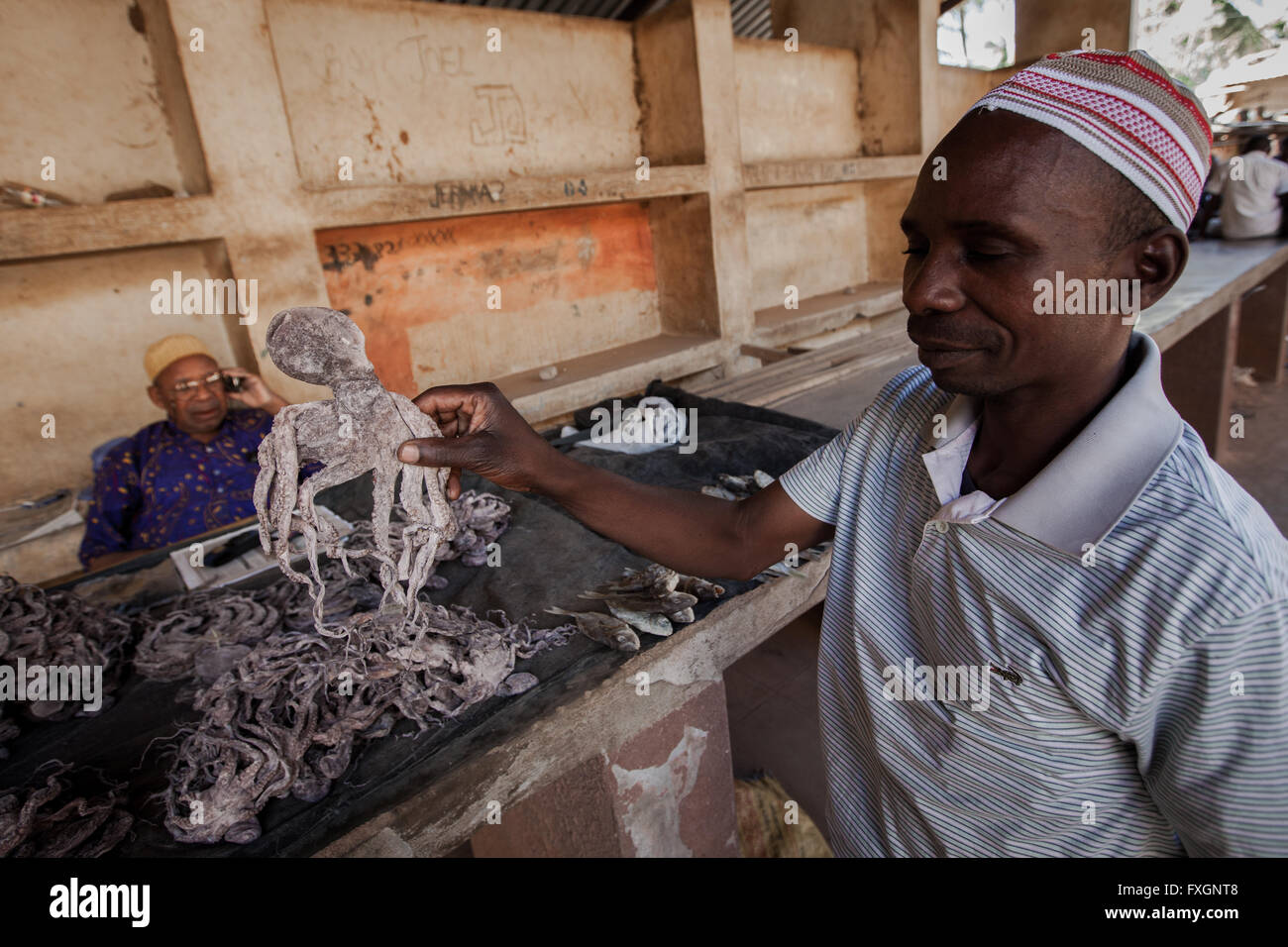 Mozambique,a smiling man at the market on the street with octopus Stock ...