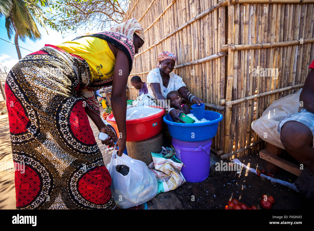 mozambique, pemba, africa, a woman with a child sells salt in the ...