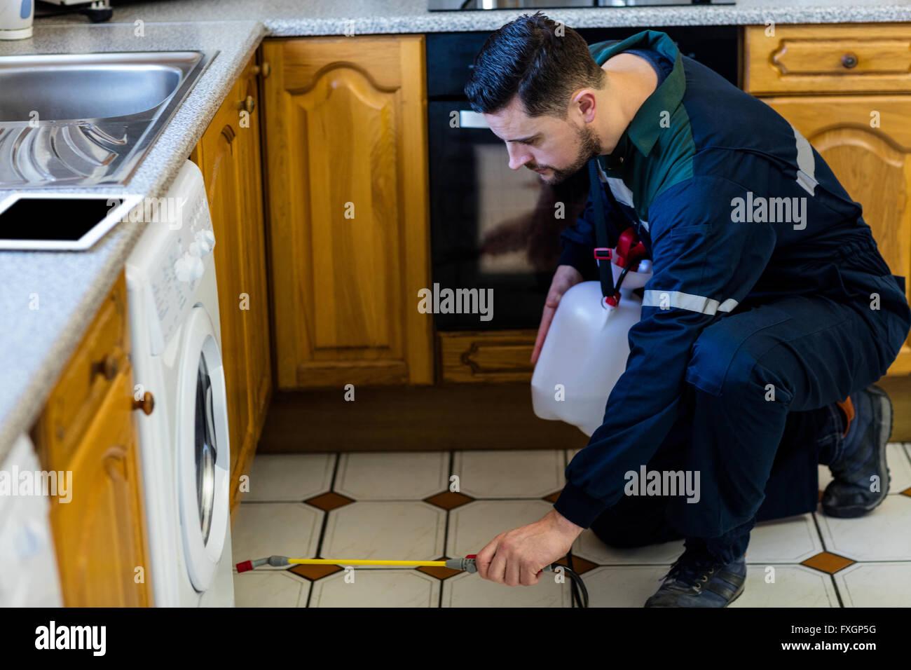 Pest control man spraying pesticide Stock Photo - Alamy