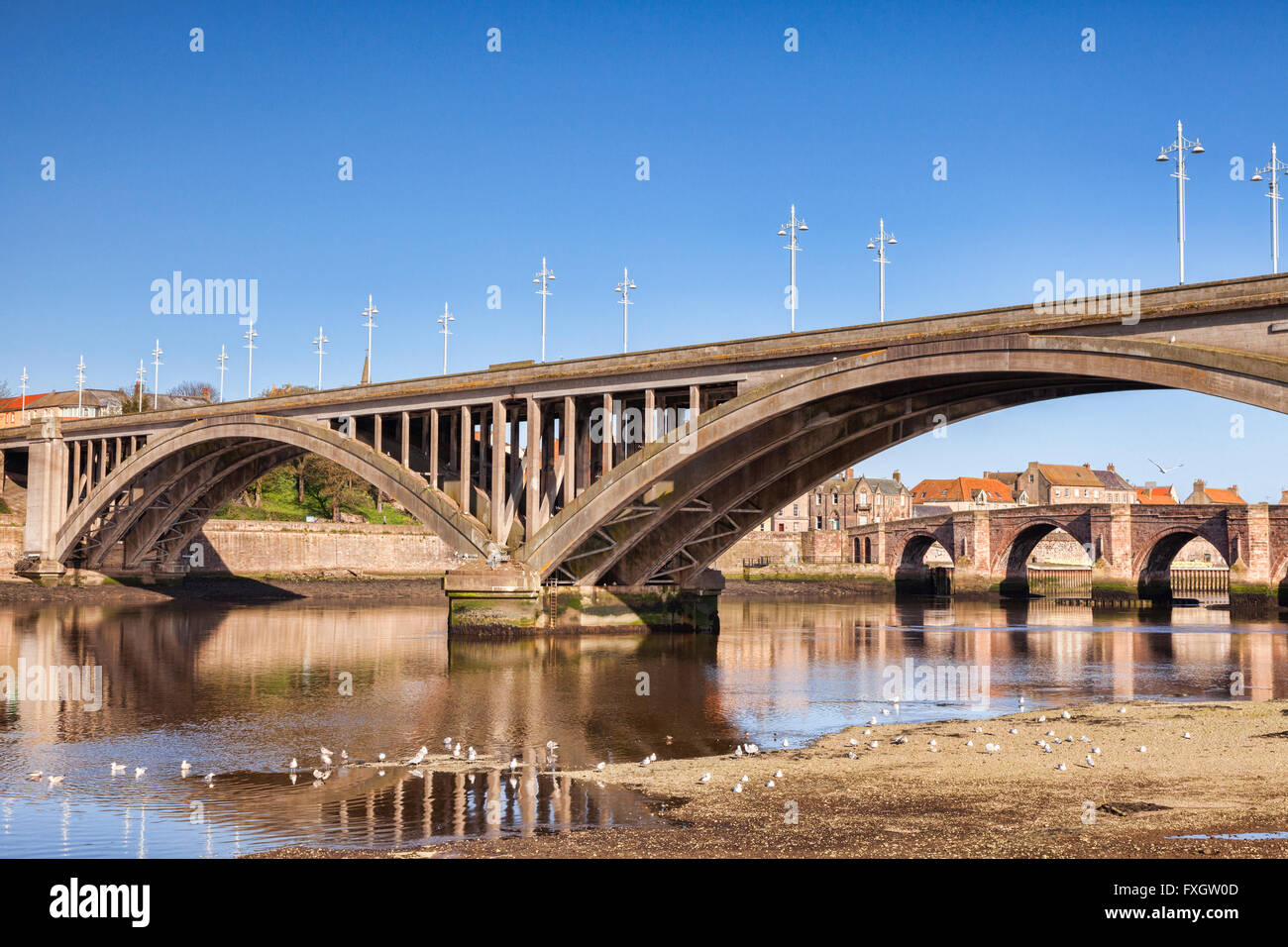The Royal Tweed Bridge, opened in 1928, and beyond it, Berwick Old ...