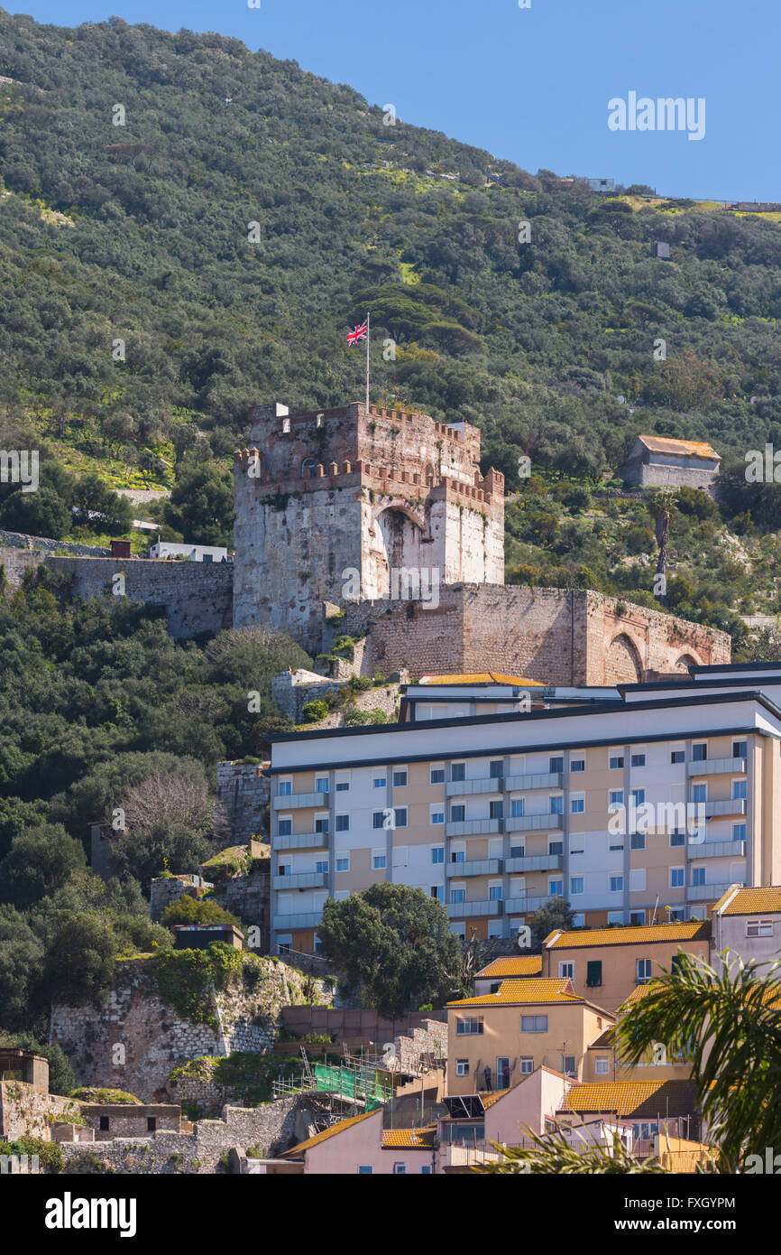 Gibraltar. The Tower of Homage of the Moorish castle rising behind ...