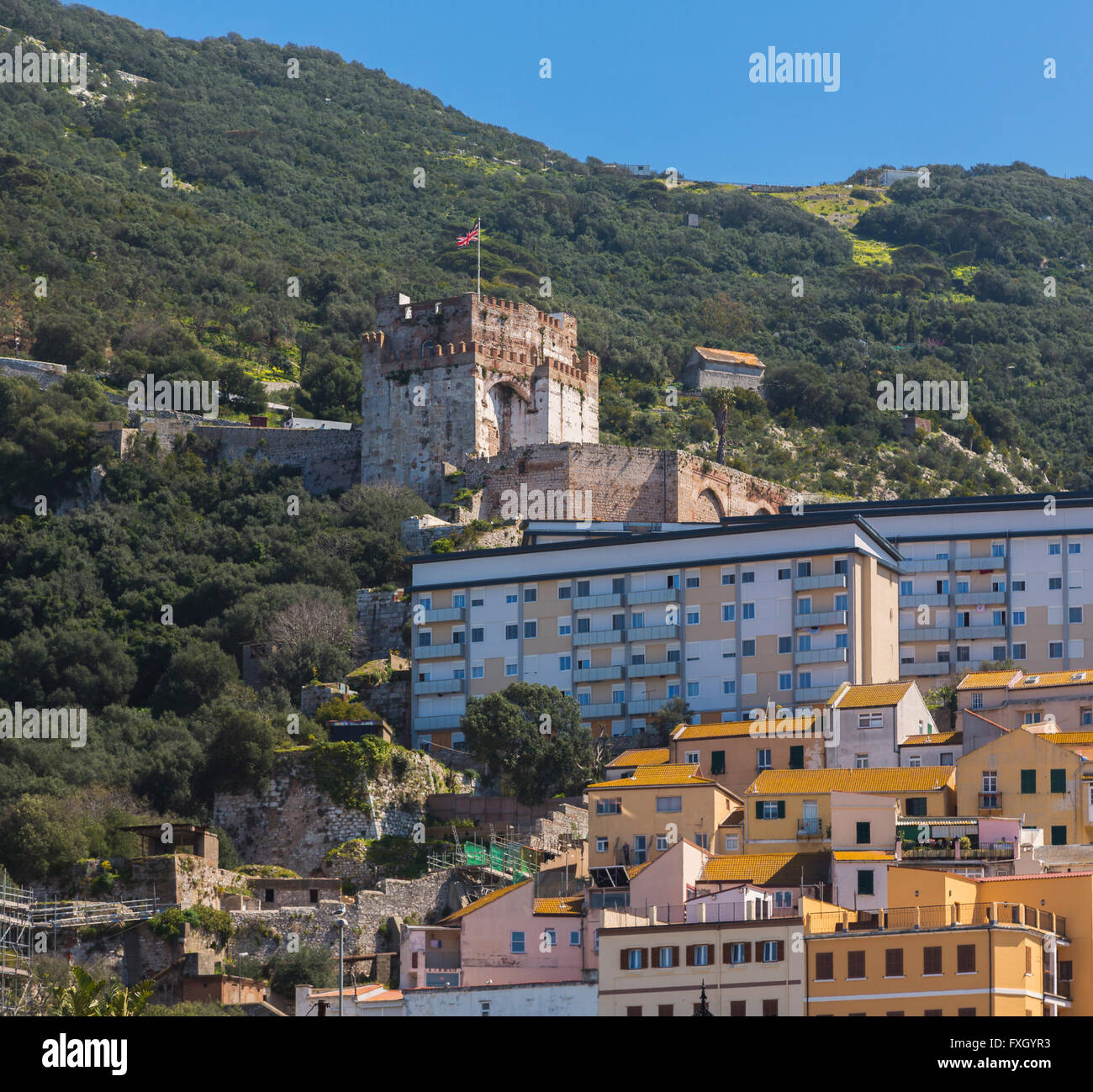Gibraltar. The Tower of Homage of the Moorish castle rising behind ...