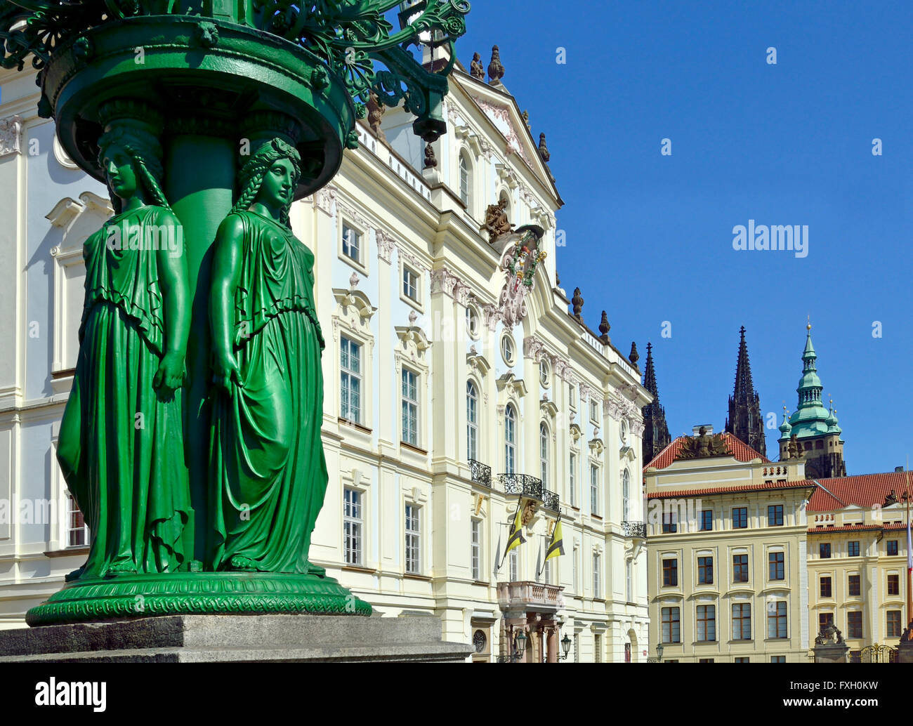 Prague, Czech Republic. Lamppost in Hradcanske namesti / Castle Square ...