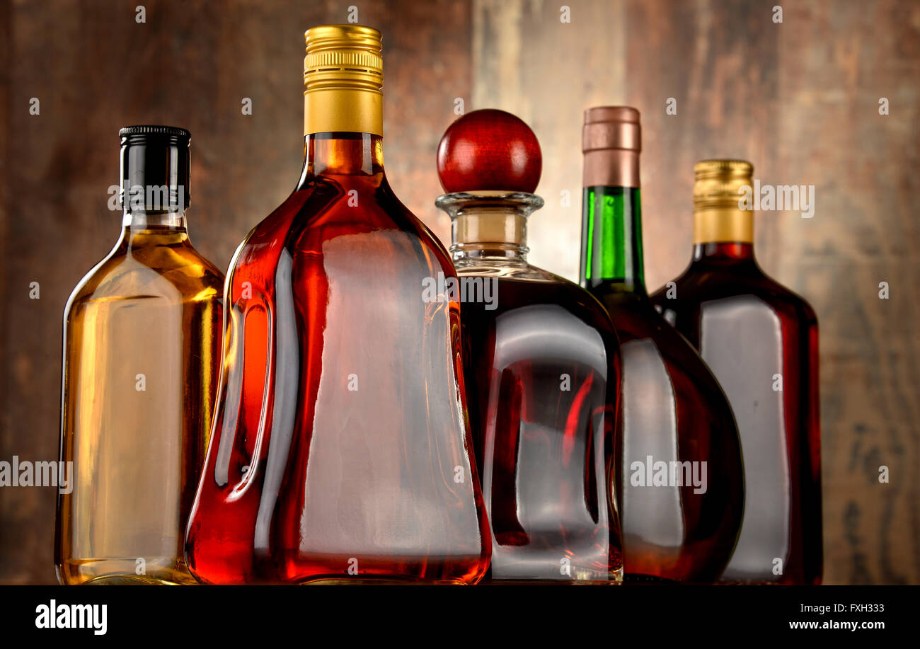 Bottles of assorted alcoholic beverages Stock Photo - Alamy