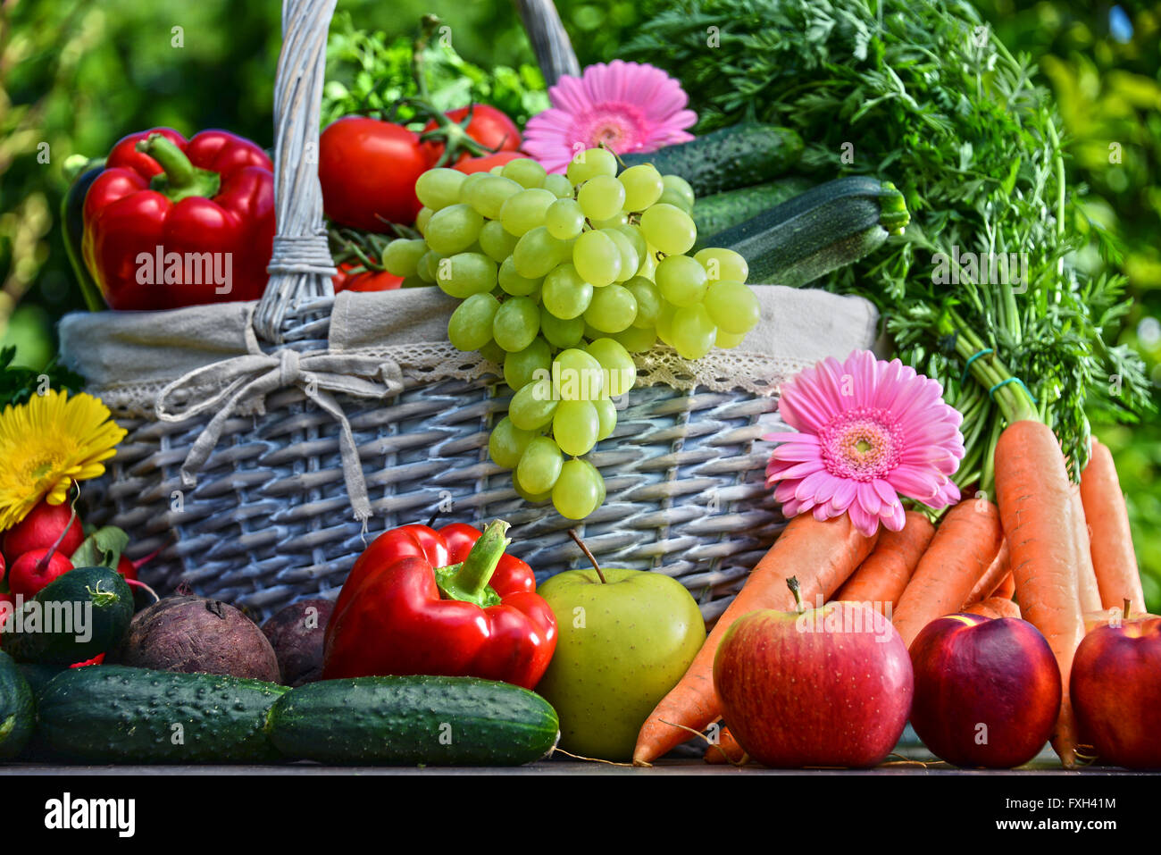 Variety of fresh organic vegetables and fruits in the garden. Balanced ...