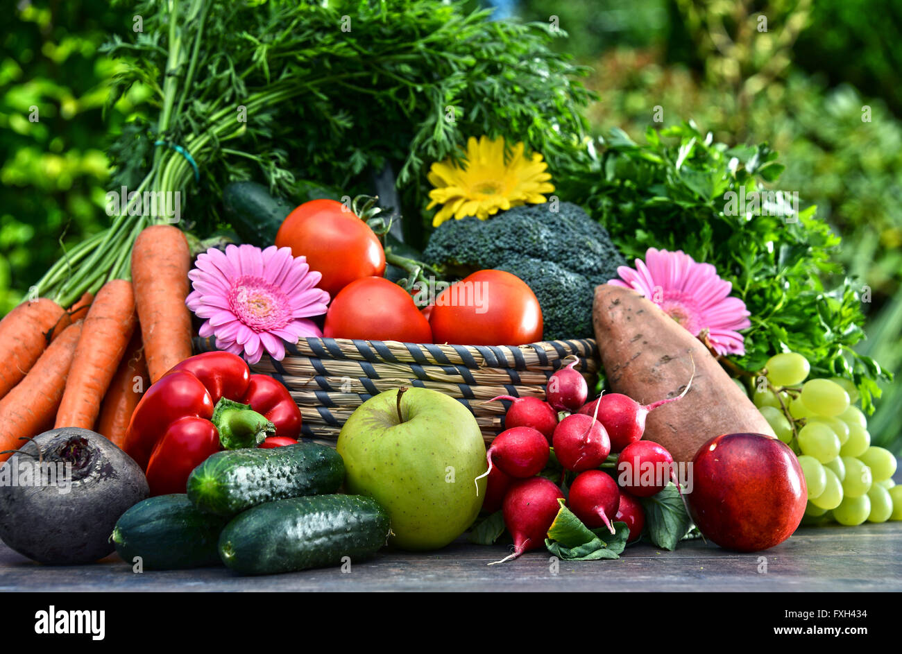 Variety of fresh organic vegetables and fruits in the garden. Balanced ...