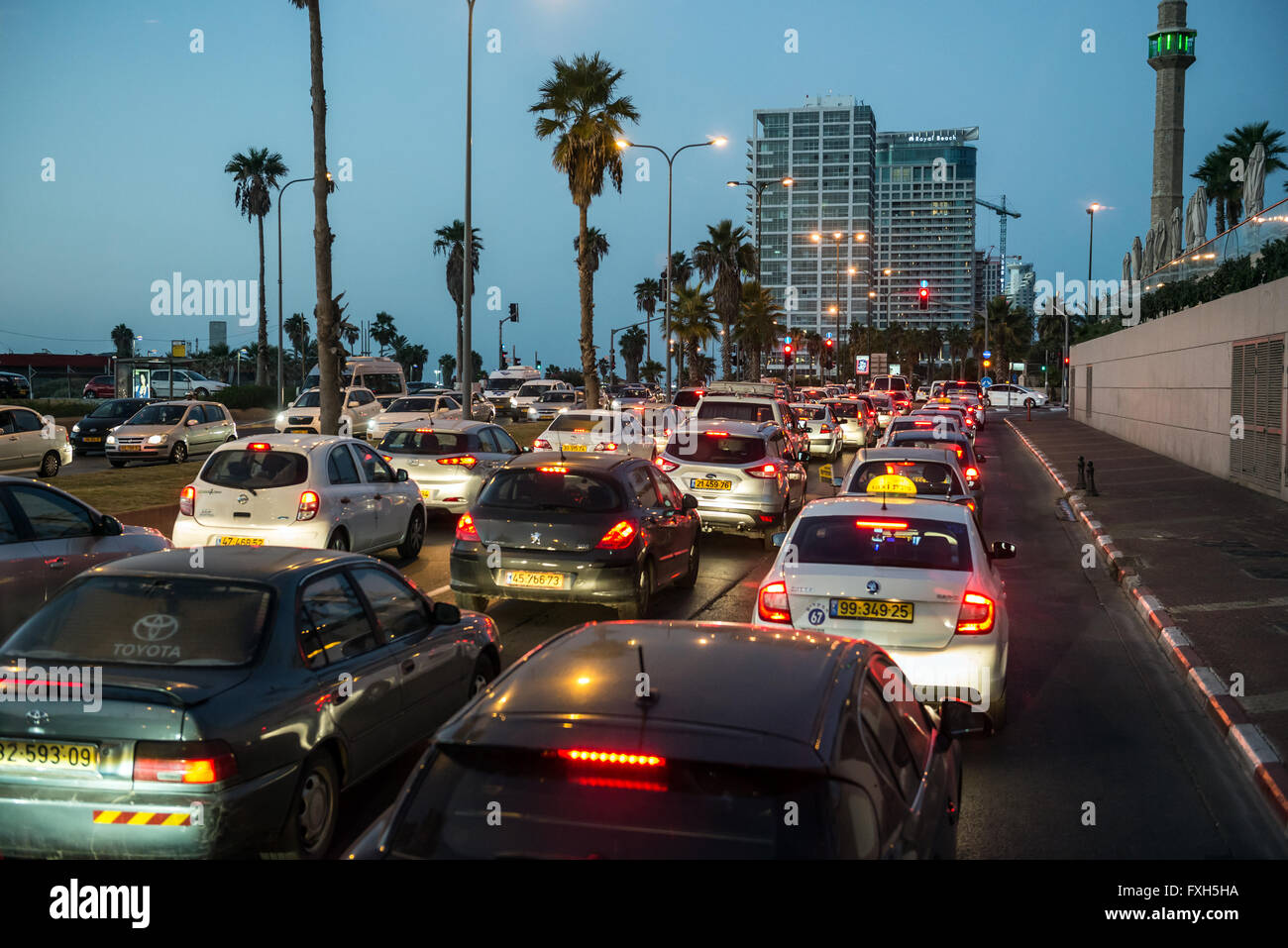 evening traffic at HaYarkon Street in Tel Aviv city, Israel. View with ...
