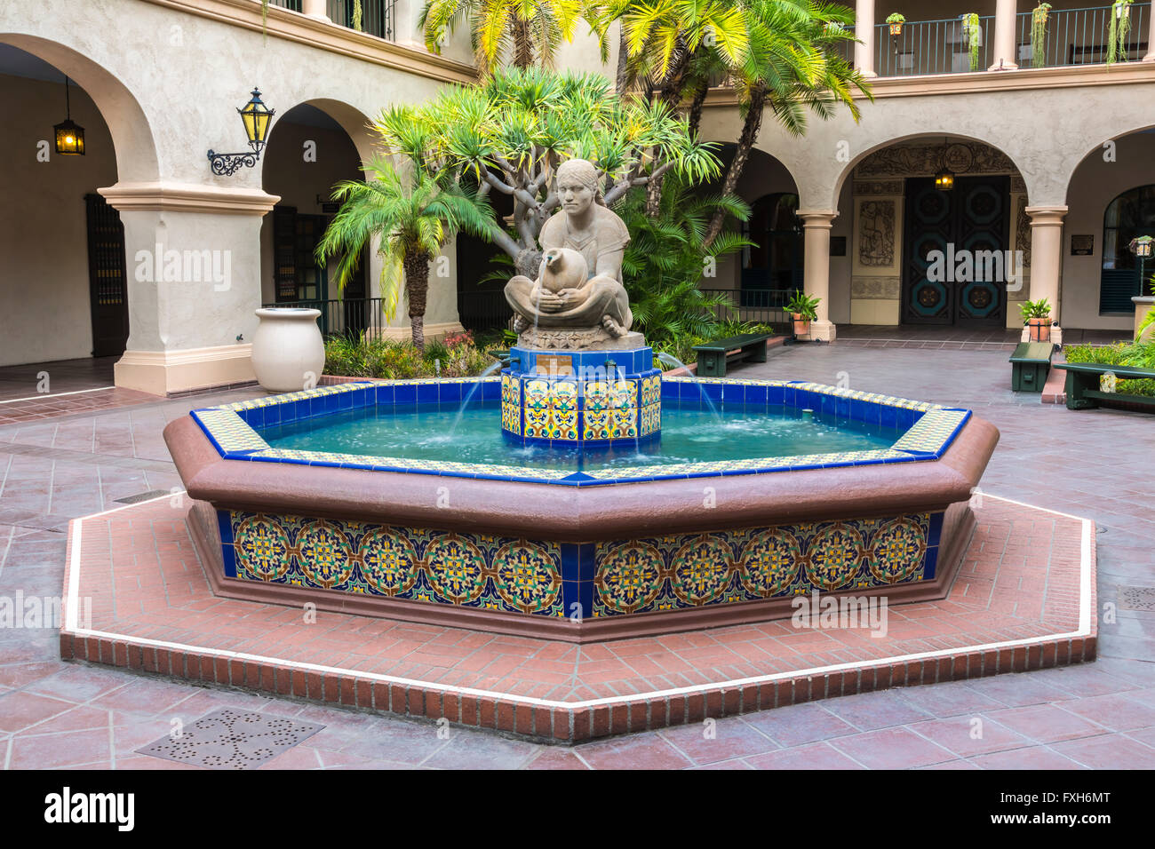 spanish style fountain in the courtyard at the prado restaurent in ...