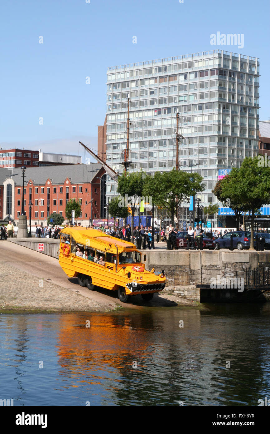 Yellow tourist amphibious 'duck' transporter about to enter Liverpool ...