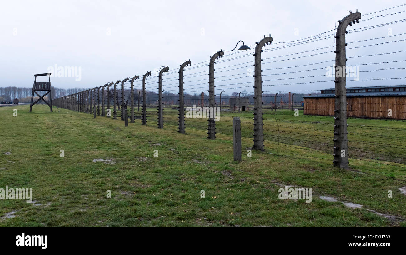 Rail perimeter fence and watchtower at Auschwitz II concentration camp ...