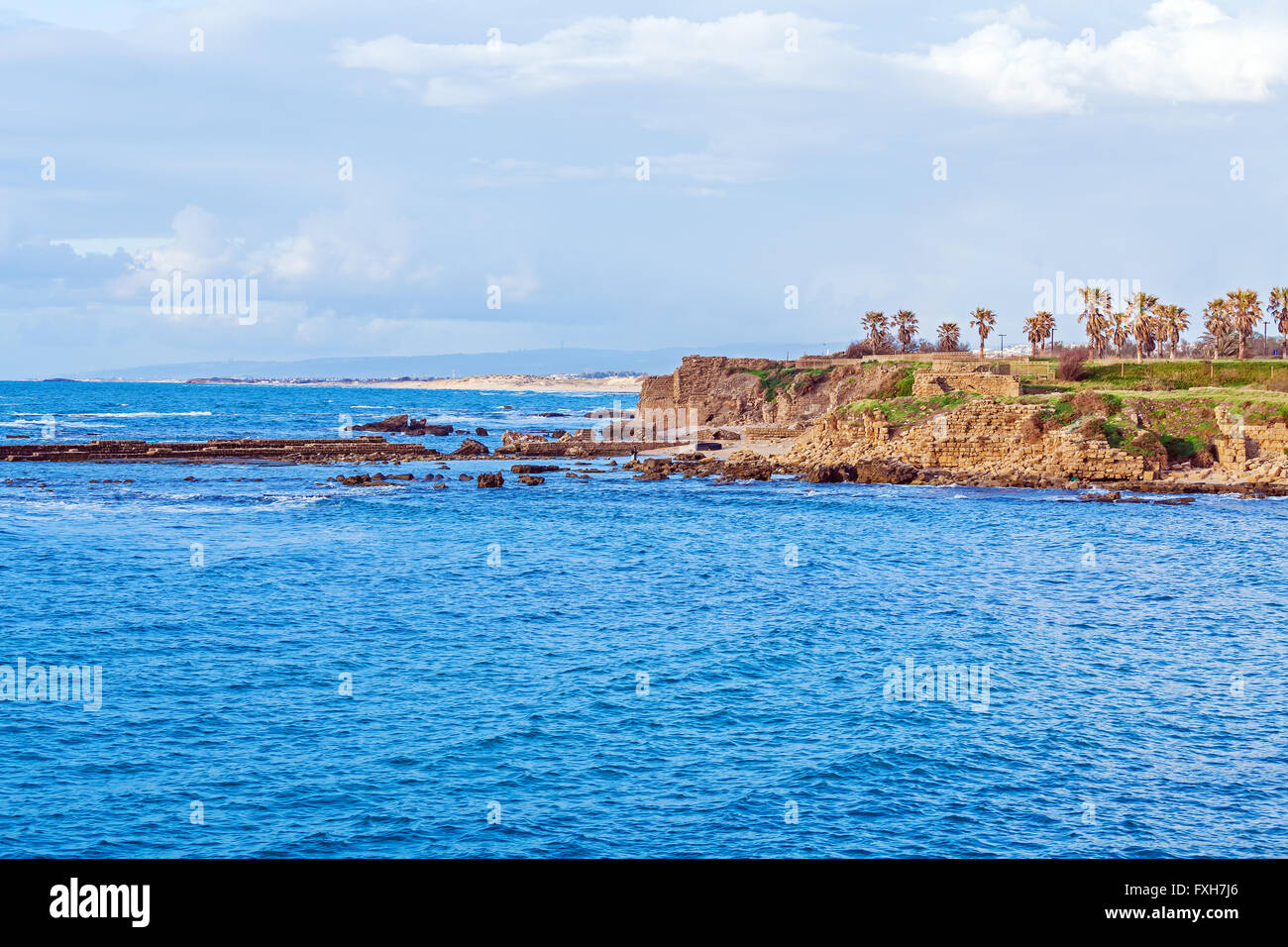 Sea Coast and Ruins of Caesarea Maritima before Sunset, Israel Stock ...