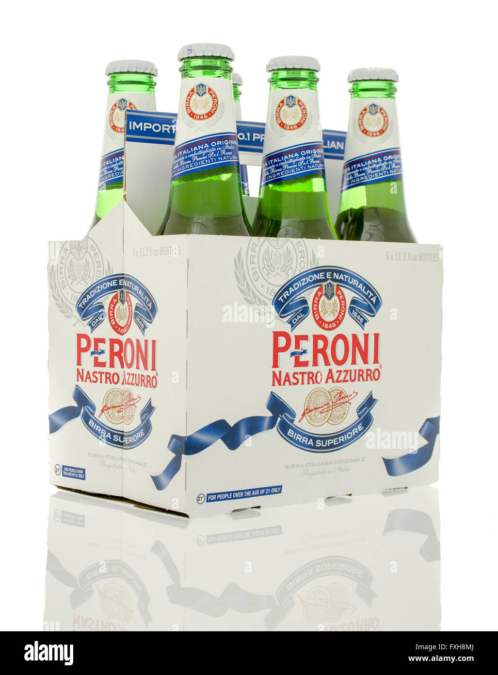 Winneconne, WI - 10 Jan 2016: A six pack of Peroni Nastro Azzuro beer ...