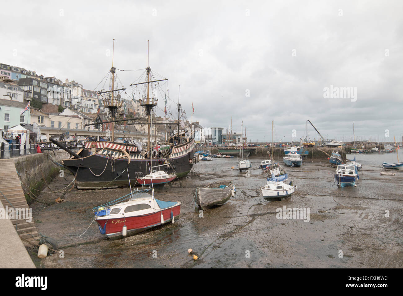 Brixham harbour and Golden Hind Stock Photo - Alamy