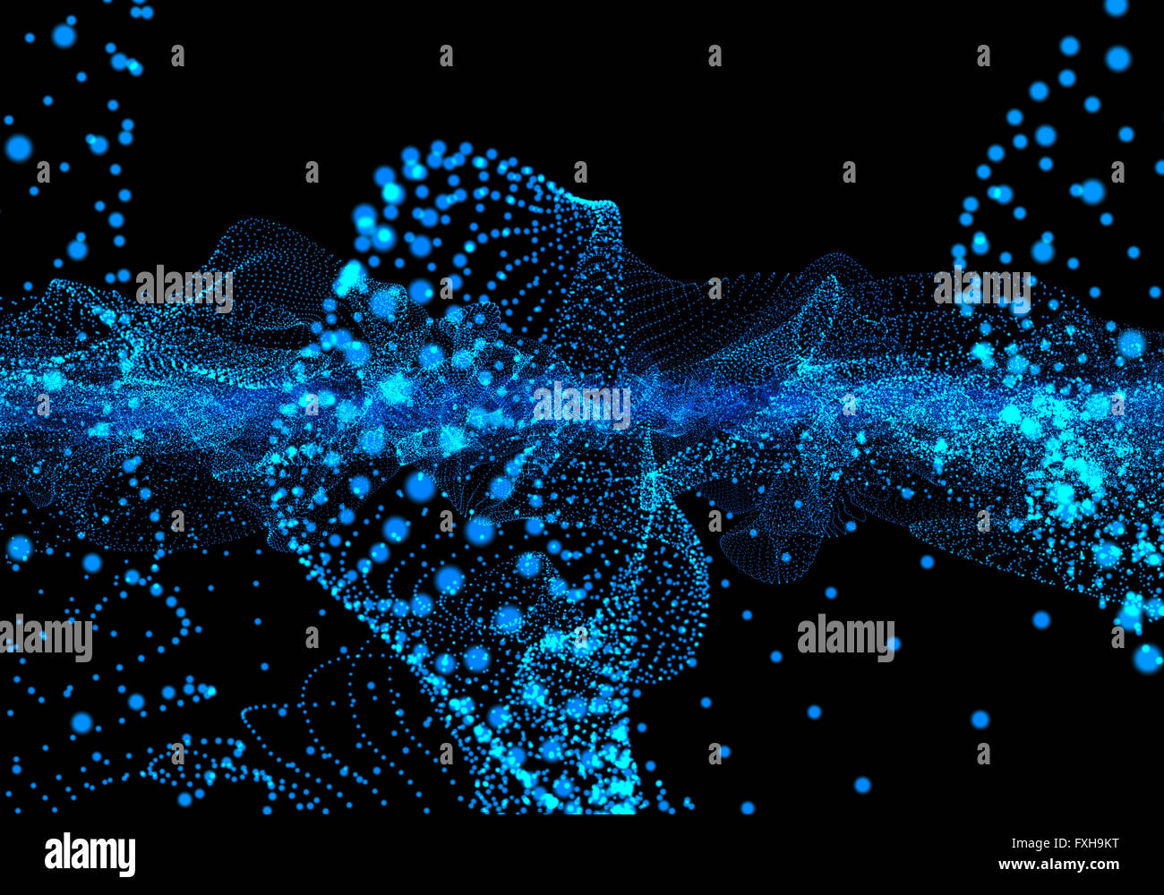 Three Dimensional Illuminated Abstract Digital Wave Of Glowing Particles And Wireframe Hud