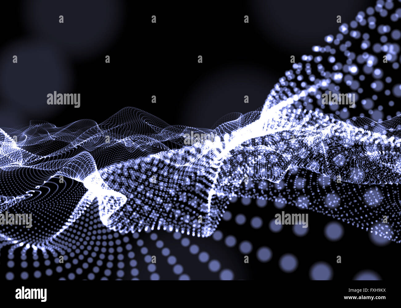 Three Dimensional Illuminated Abstract Digital Wave Of Glowing Particles And Wireframe Hud