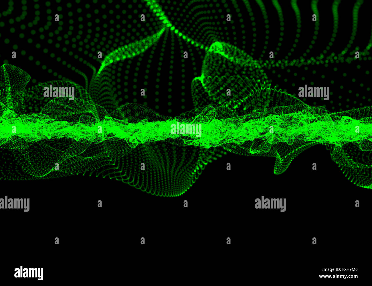 Three Dimensional Illuminated Abstract Digital Wave Of Glowing Particles And Wireframe Hud
