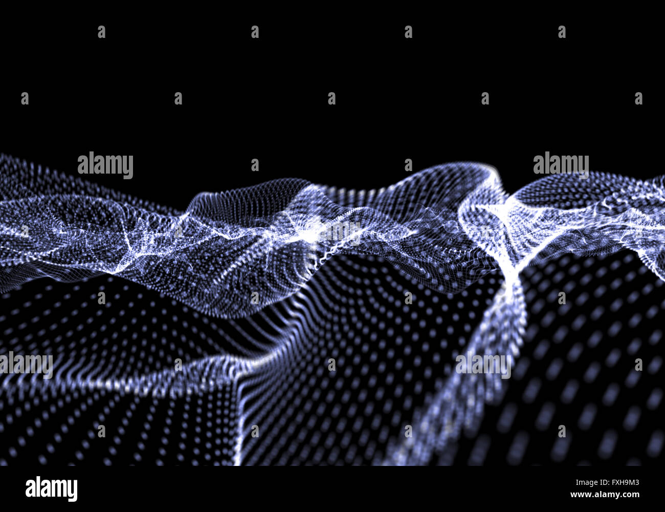 Three Dimensional Illuminated Abstract Digital Wave Of Glowing Particles And Wireframe Hud