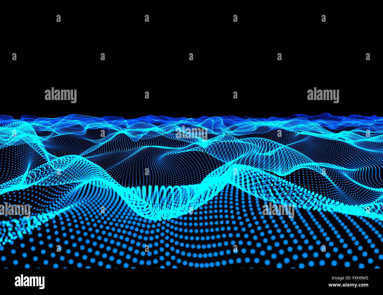 Three Dimensional Illuminated Abstract Digital Wave Of Glowing Particles And Wireframe Hud