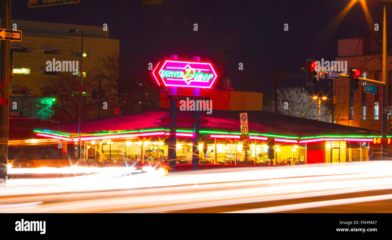Denver Diner, light trails neon sign Stock Photo - Alamy