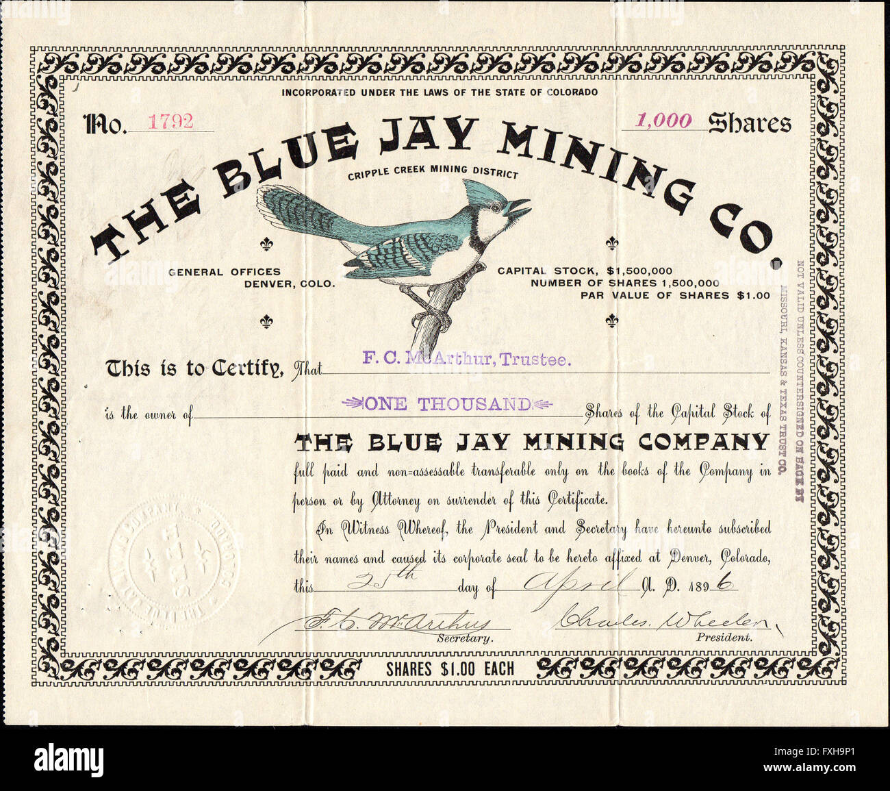 1896 The Blue Jay Mining Company Stock Certificate - Authentic Old West ...