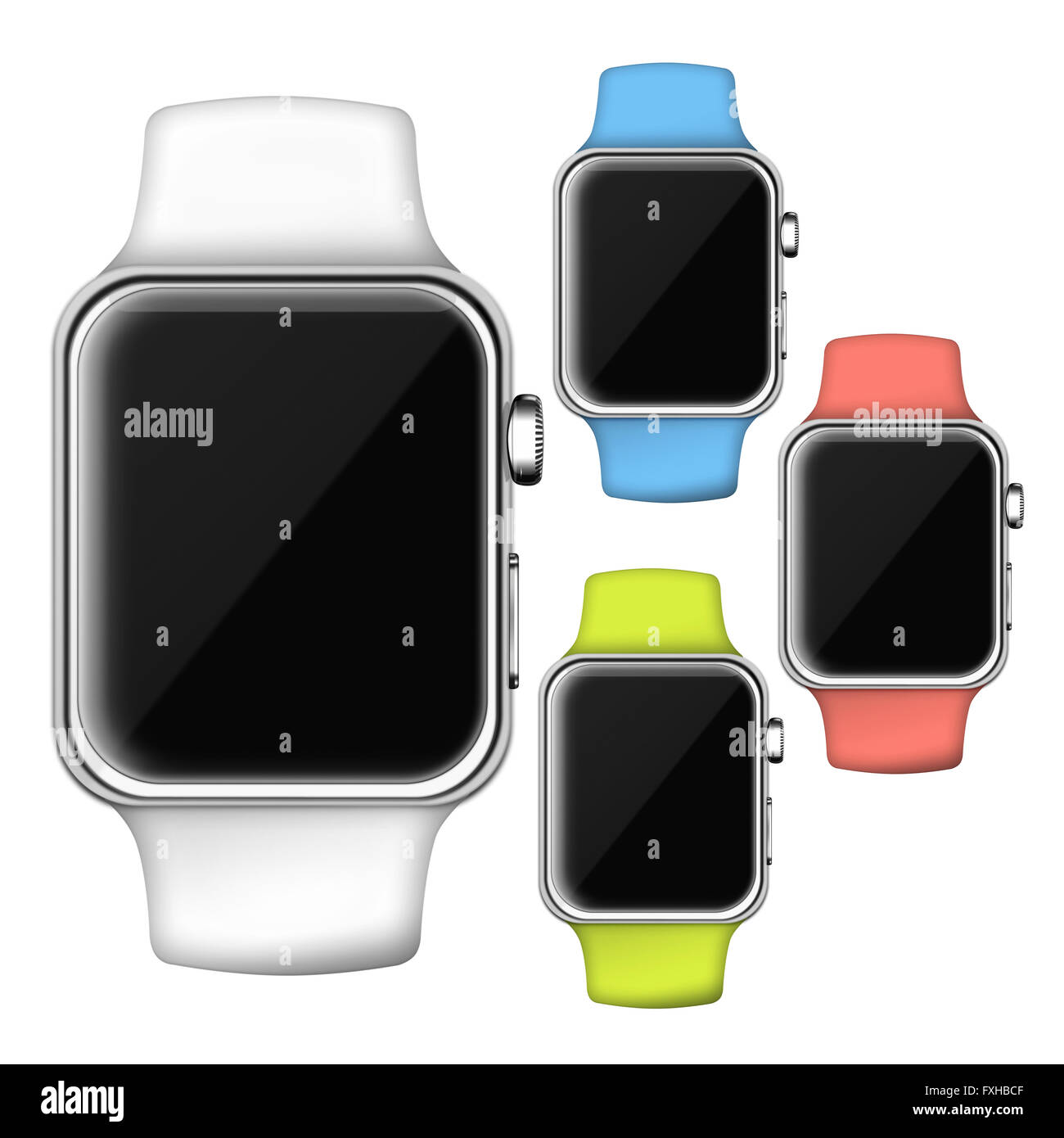 Modern trendy colorful smart watches with empty black screen. 3D ...