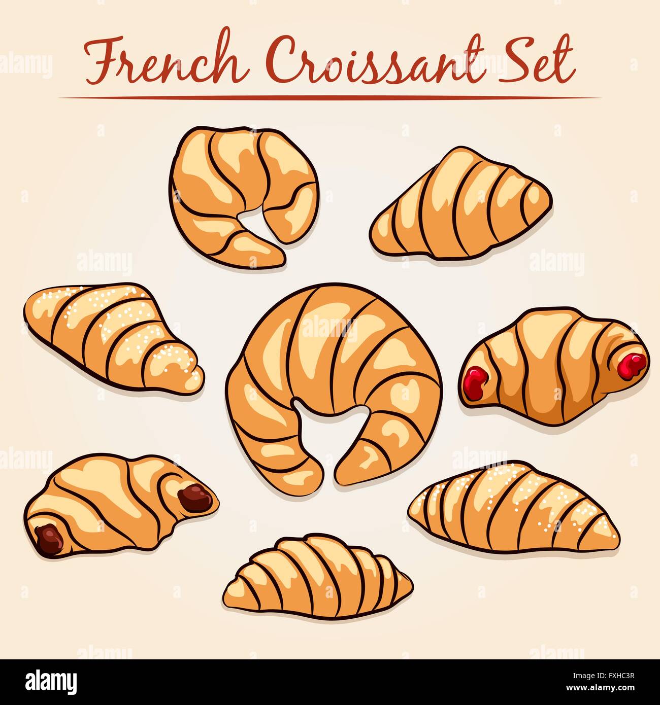 Set of eight French croissants. Illustration in carton style. Free font ...