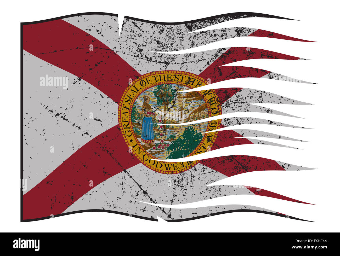 A wavy and grunged Florida state flag isolated on a white background ...