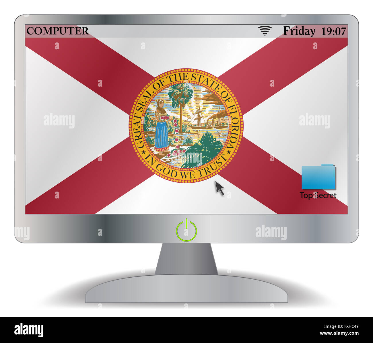 A Florida computer screen with an on button isolated on a white ...