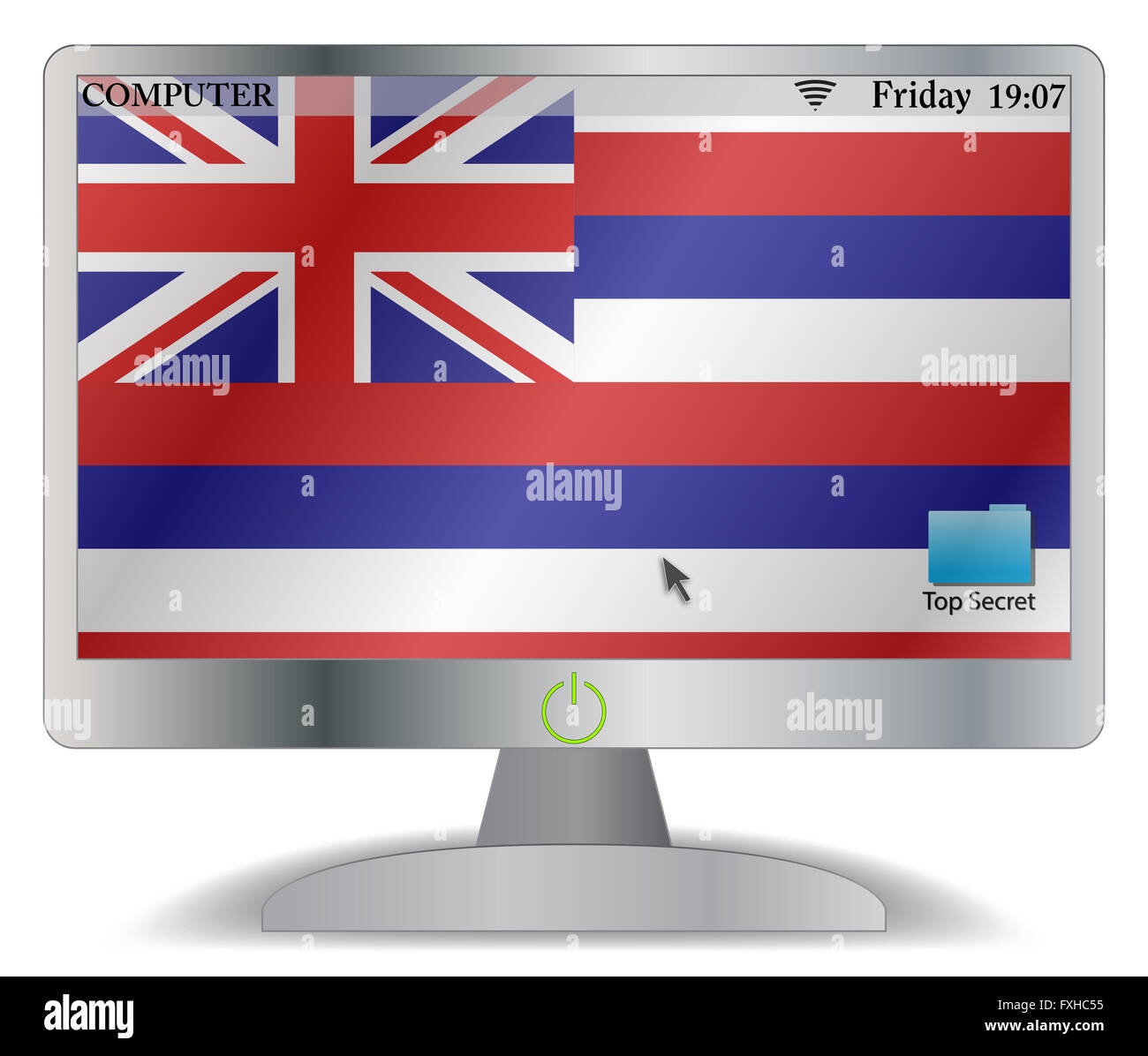 A Hawaii computer screen with an on button isolated on a white ...