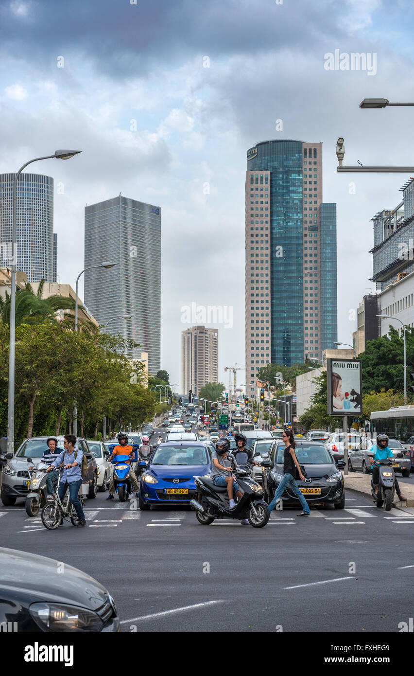 Eliezer Kaplan anr Ibn Gabirol Streets in Tel Aviv, Israel. Azrieli ...