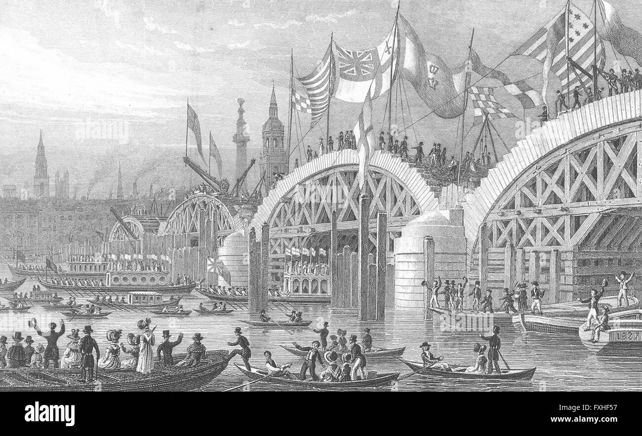 LONDON: Bridge, Mayor's parade passing arches, antique print 1828 Stock ...