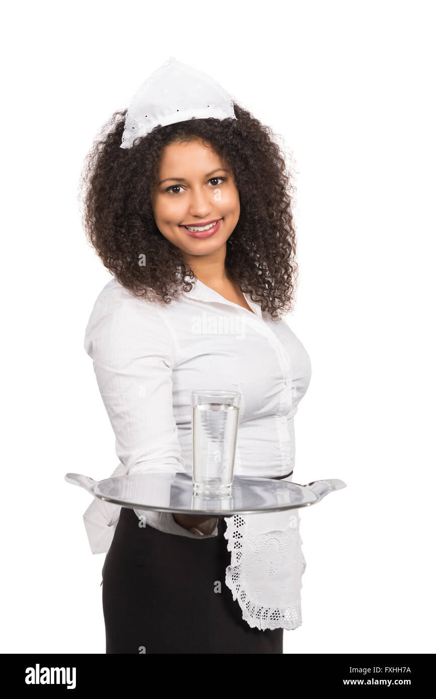 Cut out image of a young smiling serving woman with brown curly hair ...