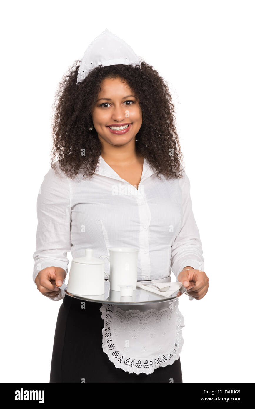 Cut out image of a young smiling serving woman with brown curly hair ...