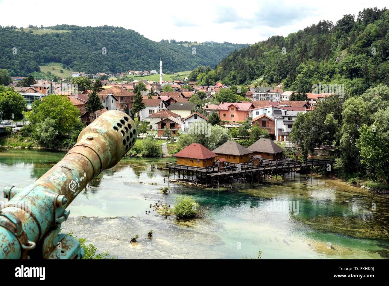 River Una with pile-dwelling seen from the fortress of Bosanska Krupa ...