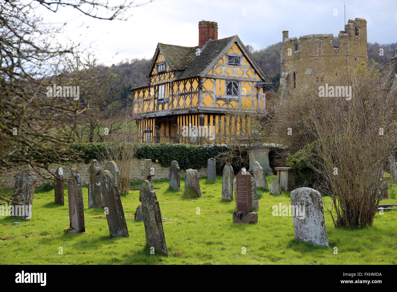 Stokesay castle entrance and church yard Stock Photo - Alamy