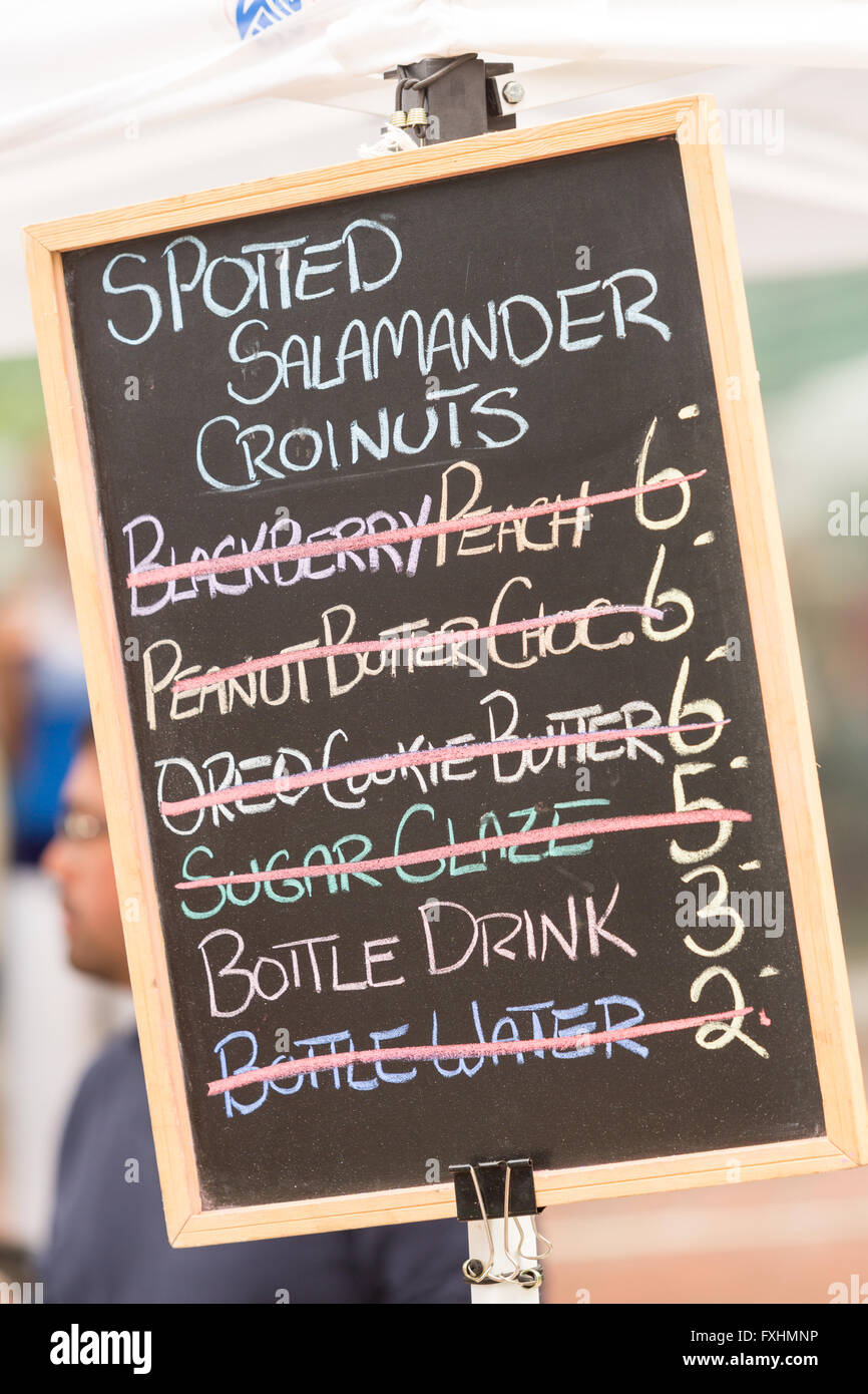 Sign showing sold out donuts at the Spotted Salamander Croinuts stand ...
