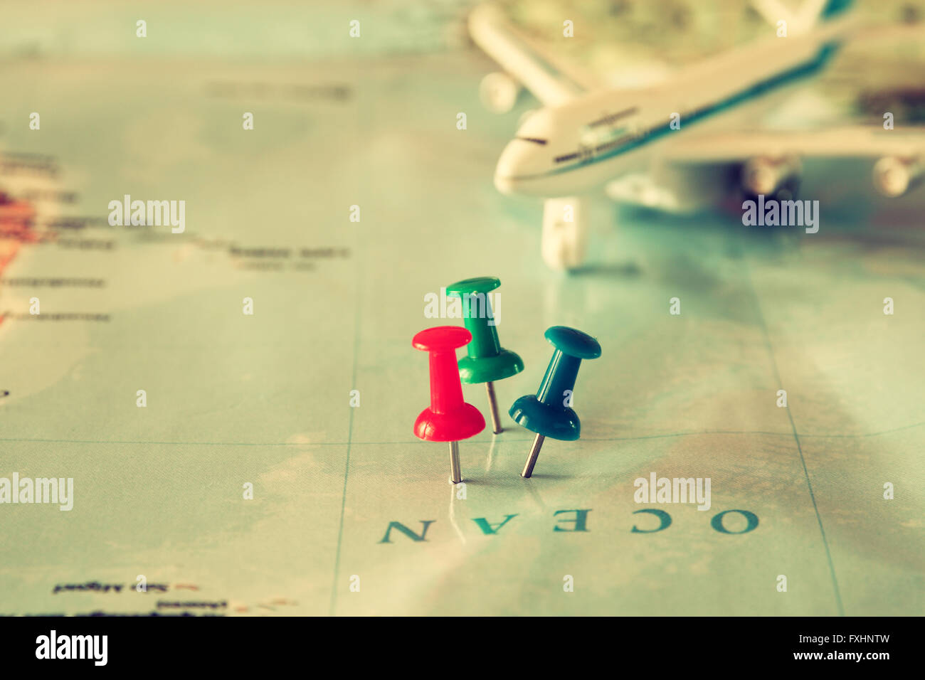 pins attached to map, showing location or travel destination . retro ...