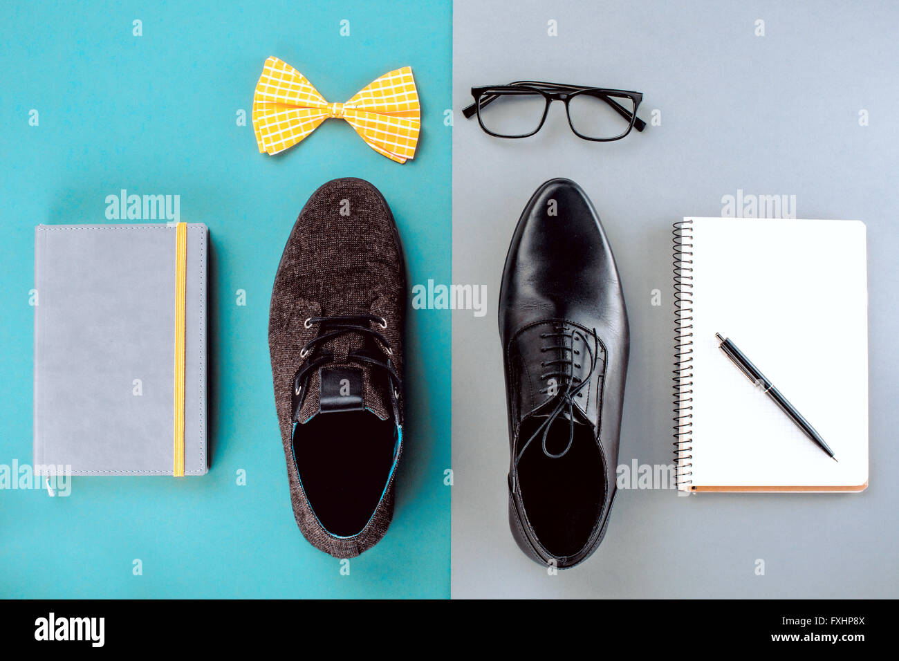 Men's objects on color table Stock Photo - Alamy