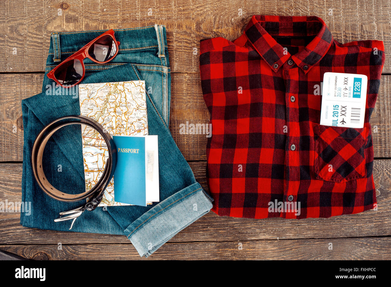 Men's objects on wooden table Stock Photo - Alamy