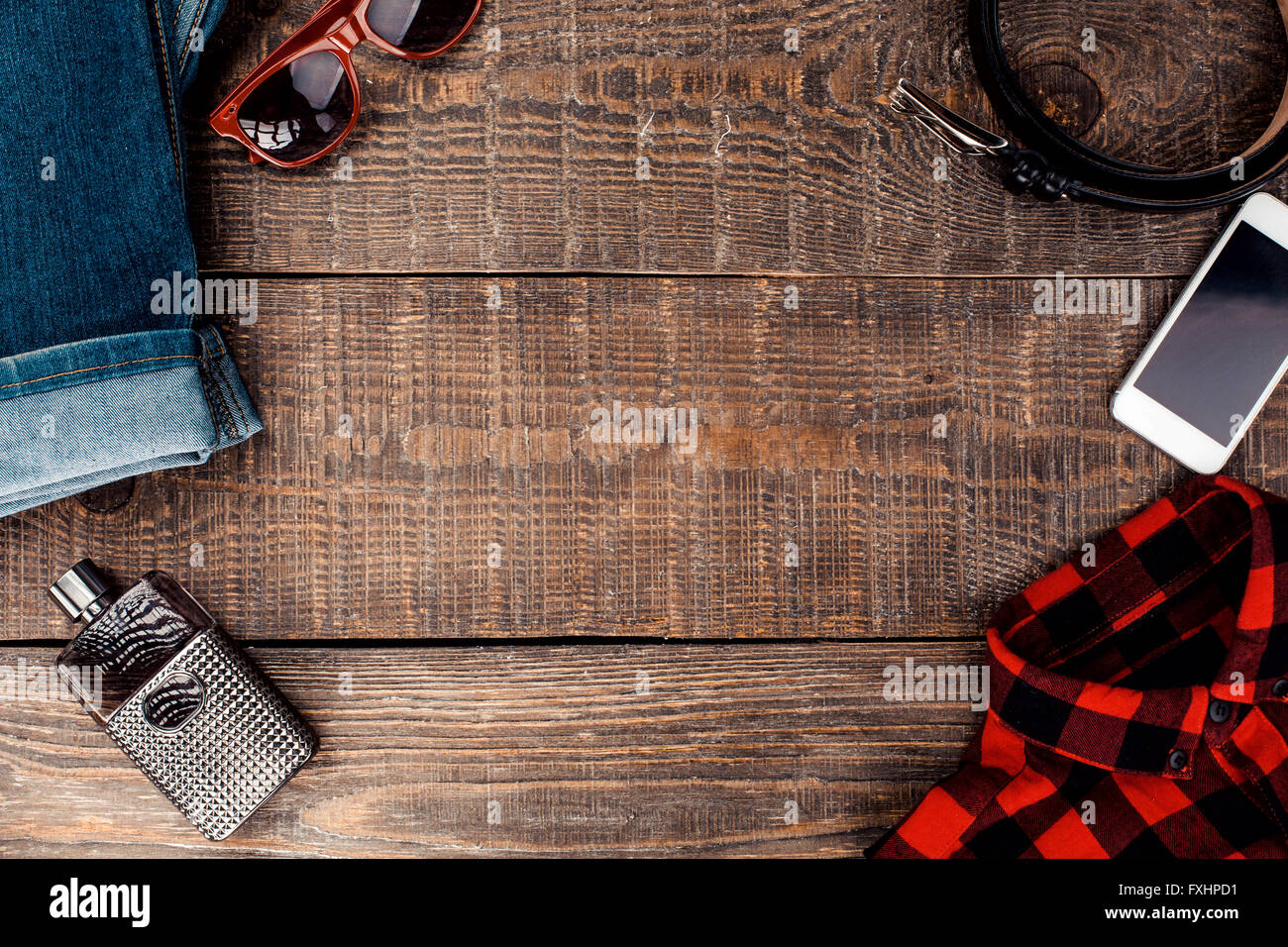 Men's objects on wooden table Stock Photo - Alamy