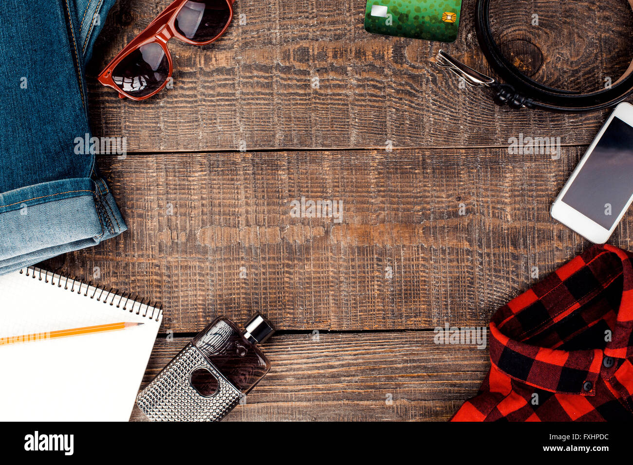 Men's objects on wooden table Stock Photo - Alamy
